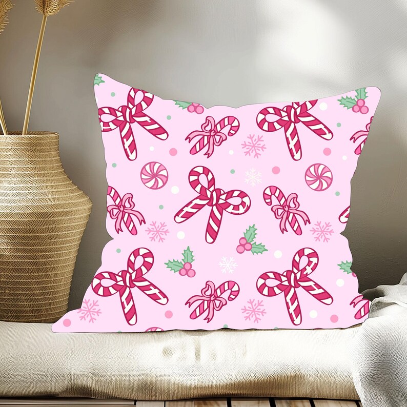 Pink Christmas Candy Cane Seamless Pattern, Coquette Bows (digital ...