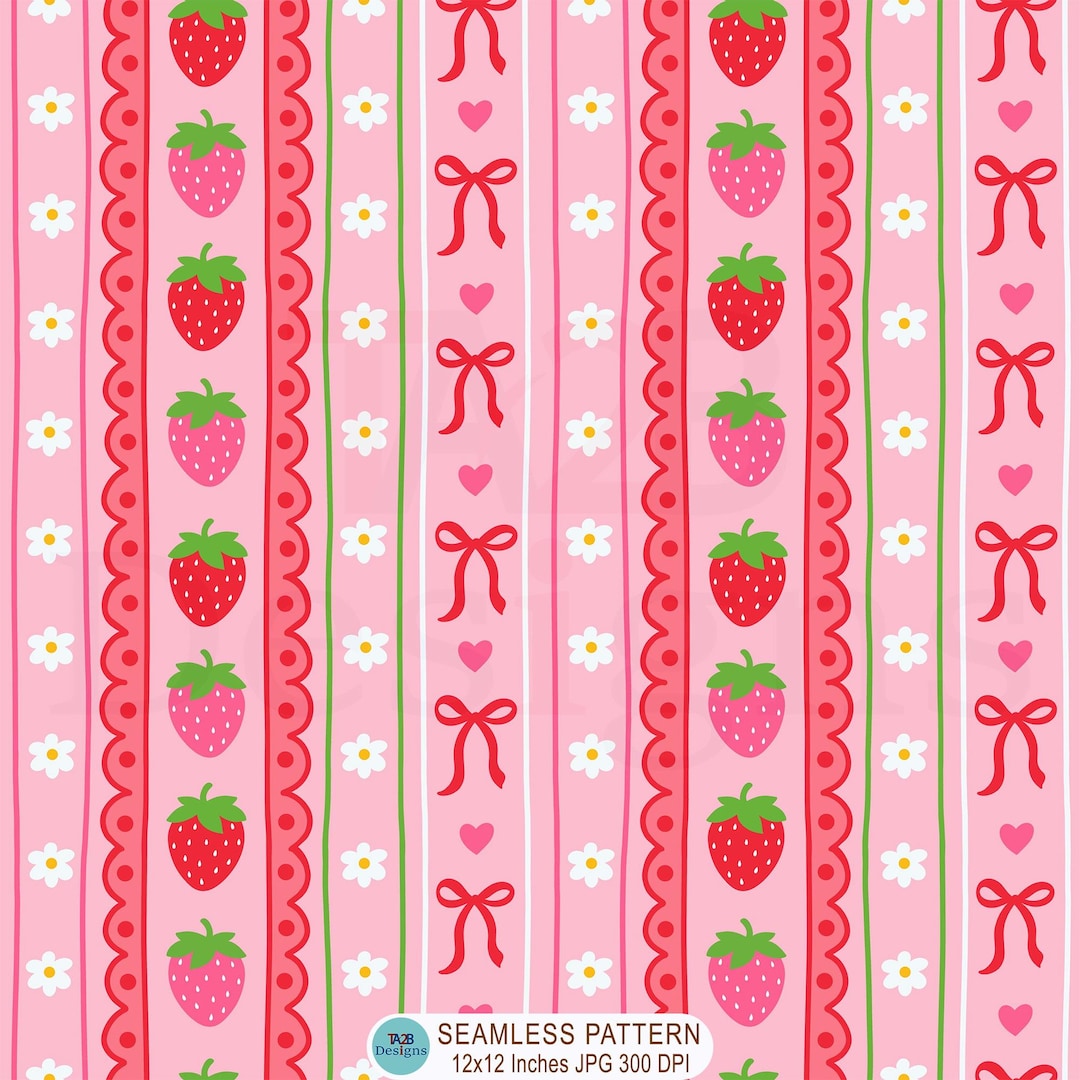 Coquette Strawberry Daisy Seamless Pattern, Summer Strawberry Seamless ...