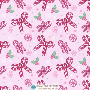 Pink Christmas Candy Cane Seamless Pattern, Coquette Bows (digital ...