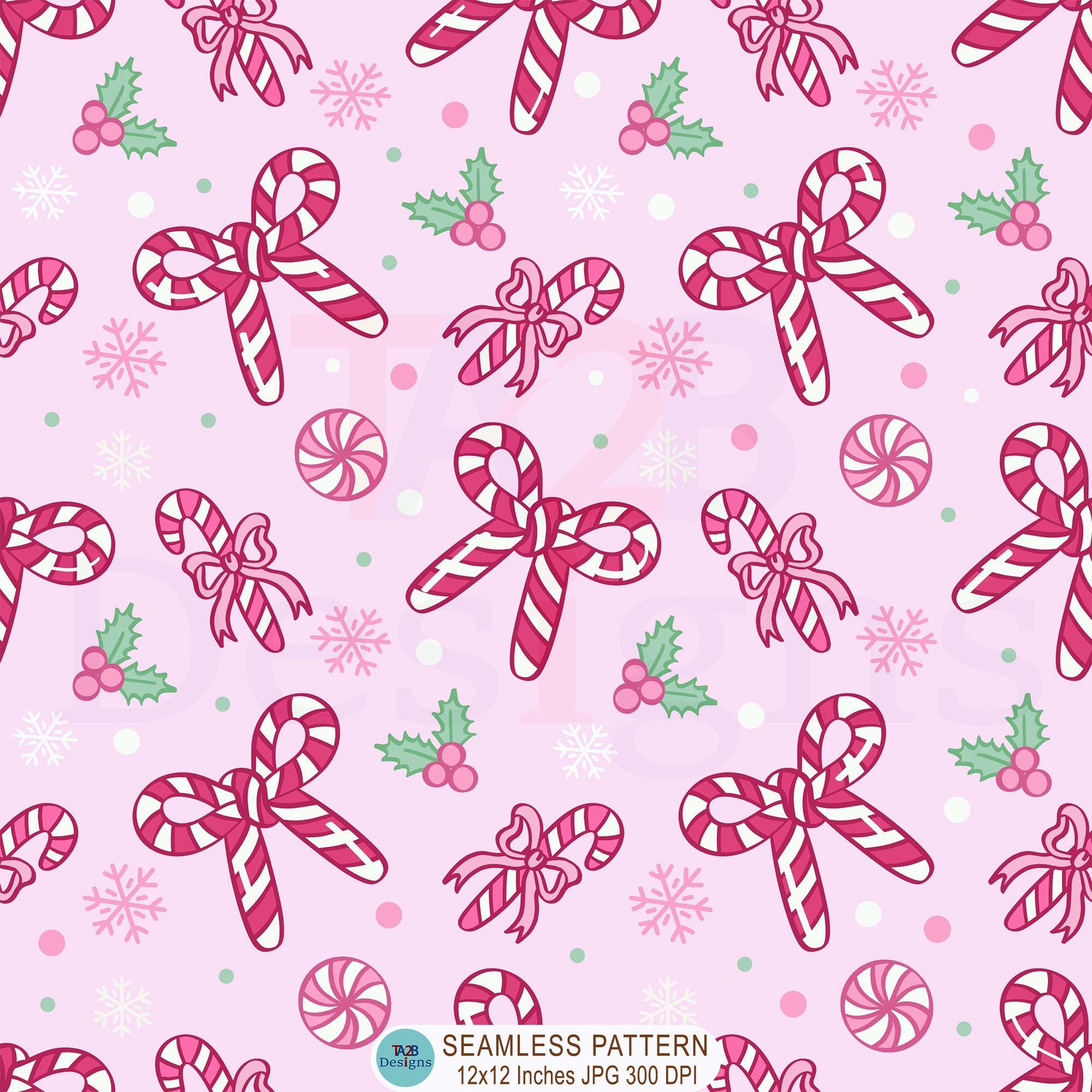 Pink Christmas Candy Cane Seamless Pattern, Coquette Bows (digital ...