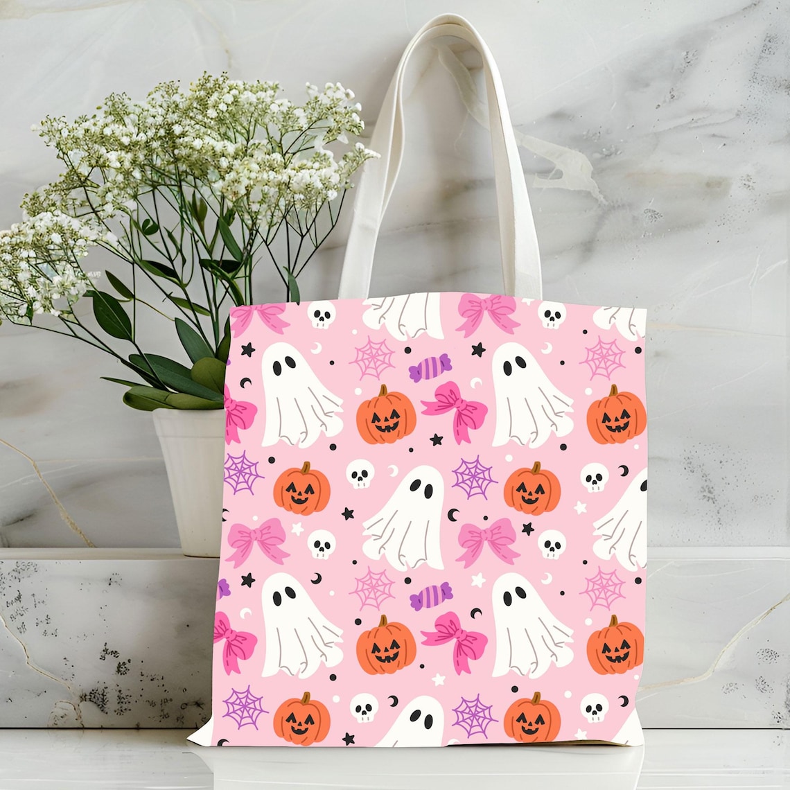 Coquette Halloween Seamless Pattern, Pink Ghost Pumpkin Design (digital ...