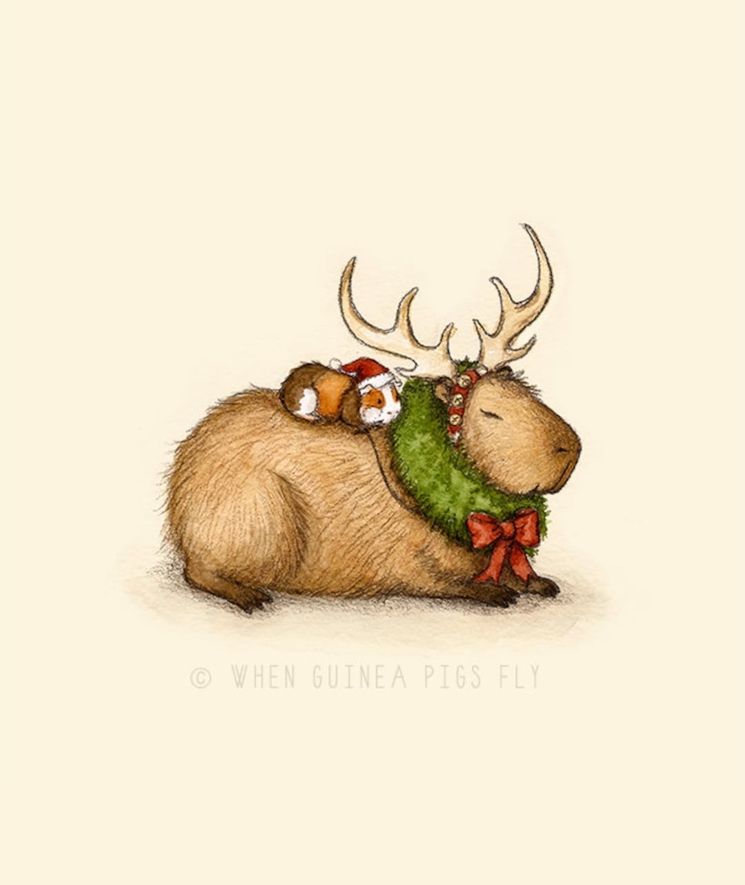 Capy Holidays - Capybara and Guinea Pig Reindeer Ride Christmas Art ...
