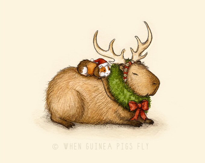 Capy Holidays - Capybara and Guinea Pig Reindeer Ride Christmas Art ...