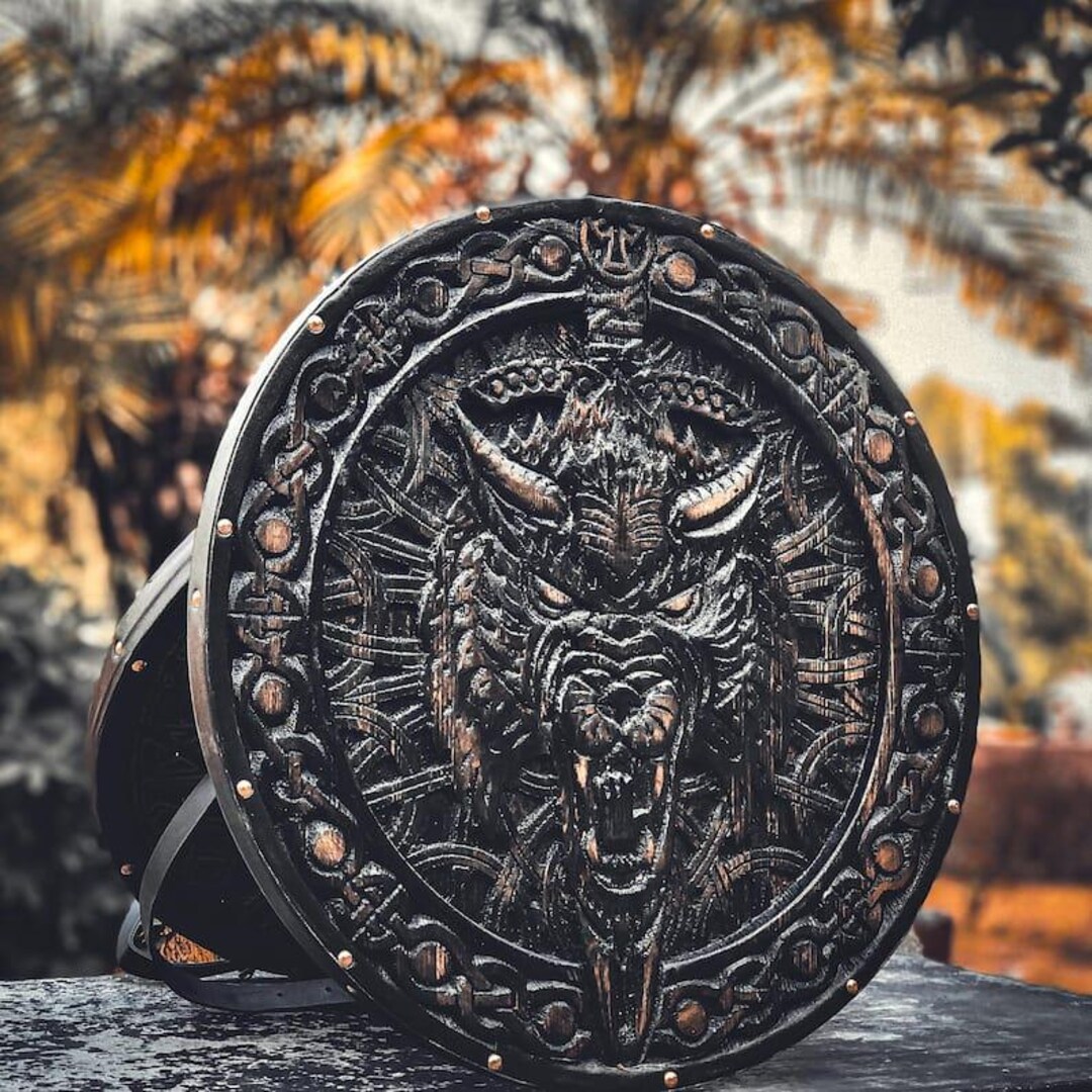 Viking Shield | Handcrafted Wooden Round Shield | Norse Wolf Carved ...