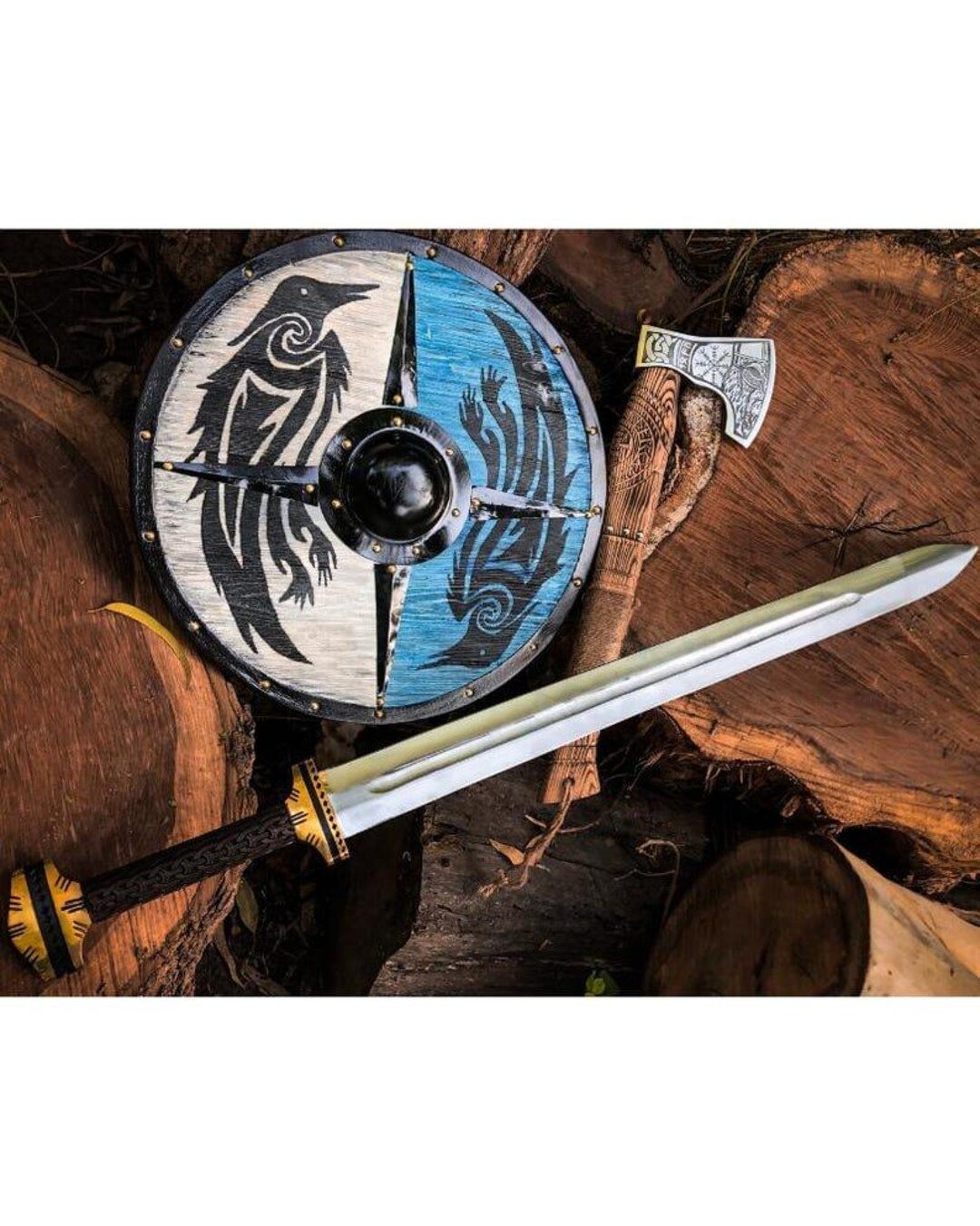 Viking Shield Raven Design, Norse Sword and Axe Set, Handcrafted Viking ...