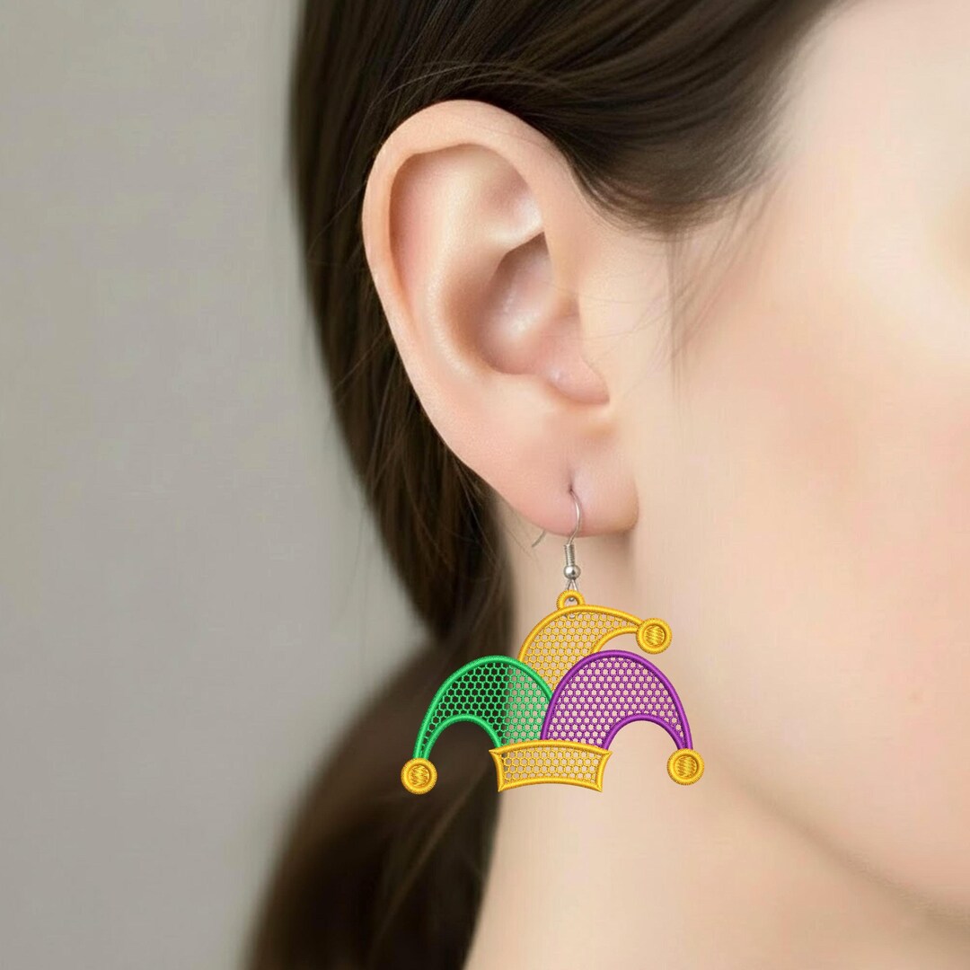 FSL Earrings Vibrant Mardi Gras Jester Hat Lace Embroidery 3 Sizes ...