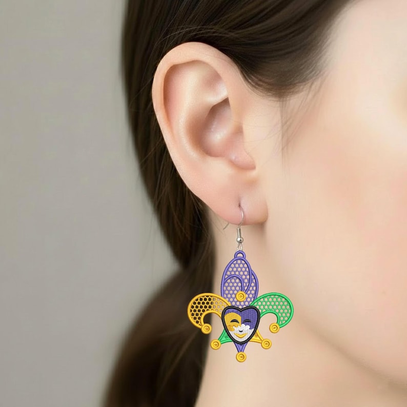 FSL Mardi Gras Jester Face & Fleur-de-lis Lace Embroidery Earrings 3 ...