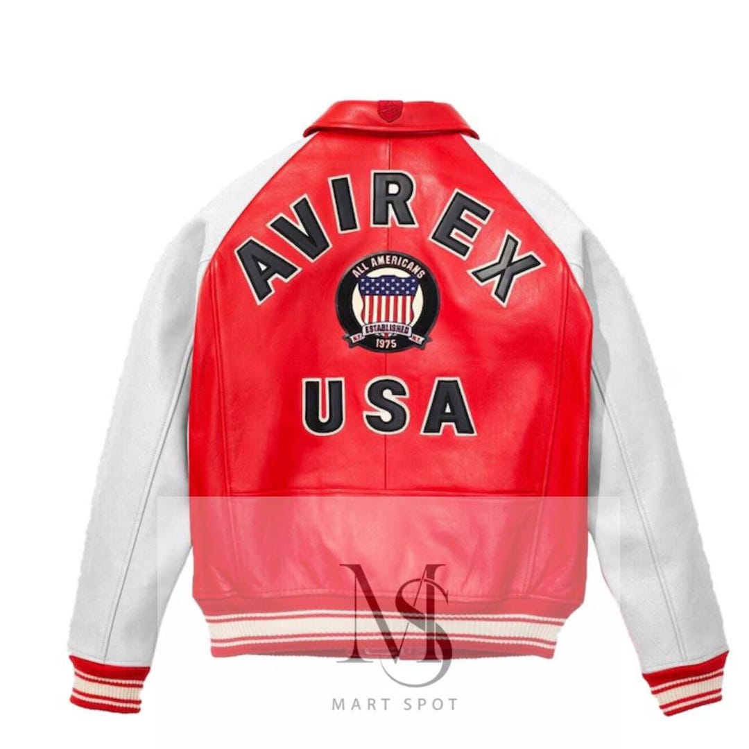 Avirex USA Leather Varsity Jacket, Men's Red and White Bomber Jacket ...