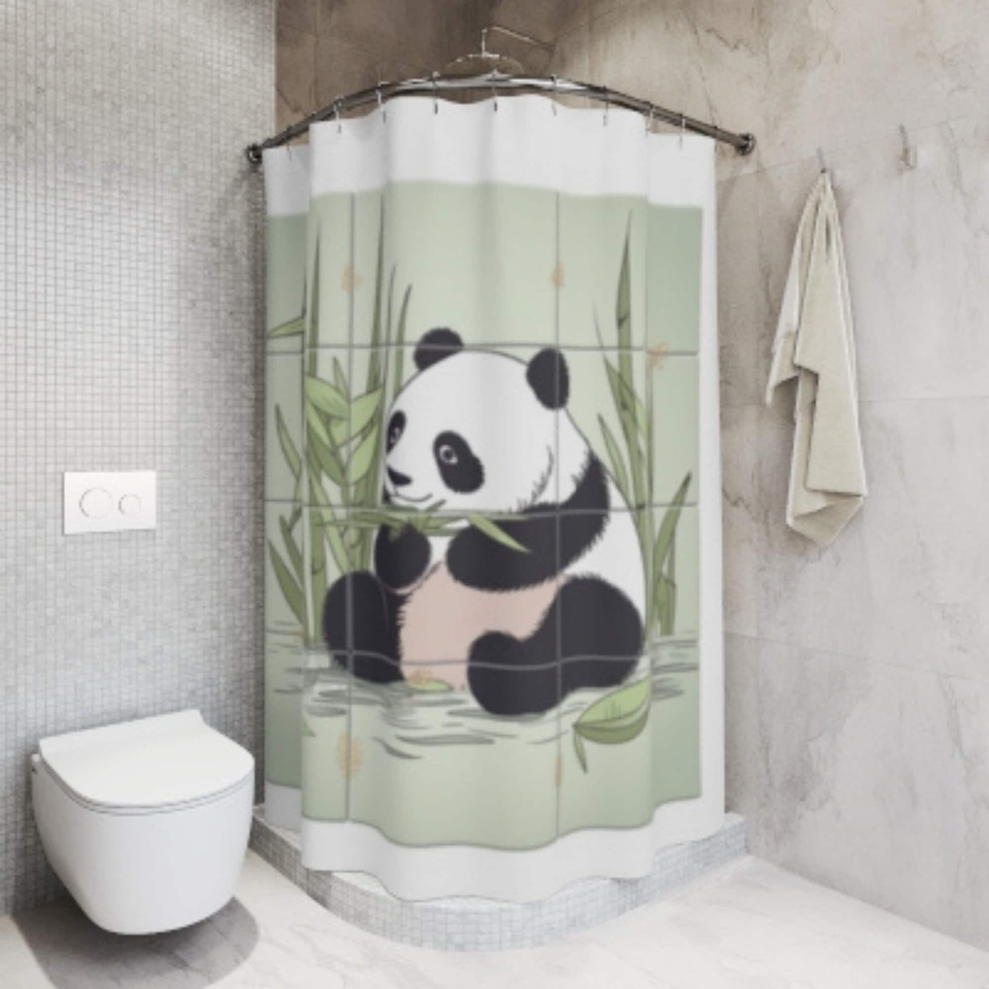 Panda Shower Curtain, Panda Theme Shower Curtain, Panda Eating Bamboo ...