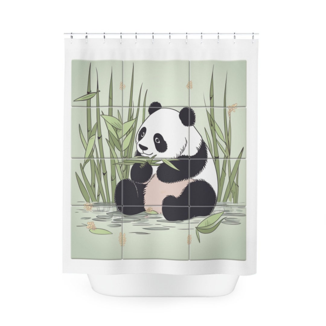 Panda Shower Curtain, Panda Theme Shower Curtain, Panda Eating Bamboo ...