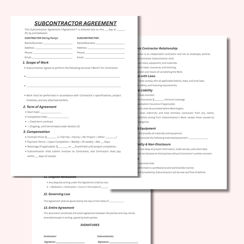 Subcontract Template, Subcontractor Forms, Subcontracting Contract ...