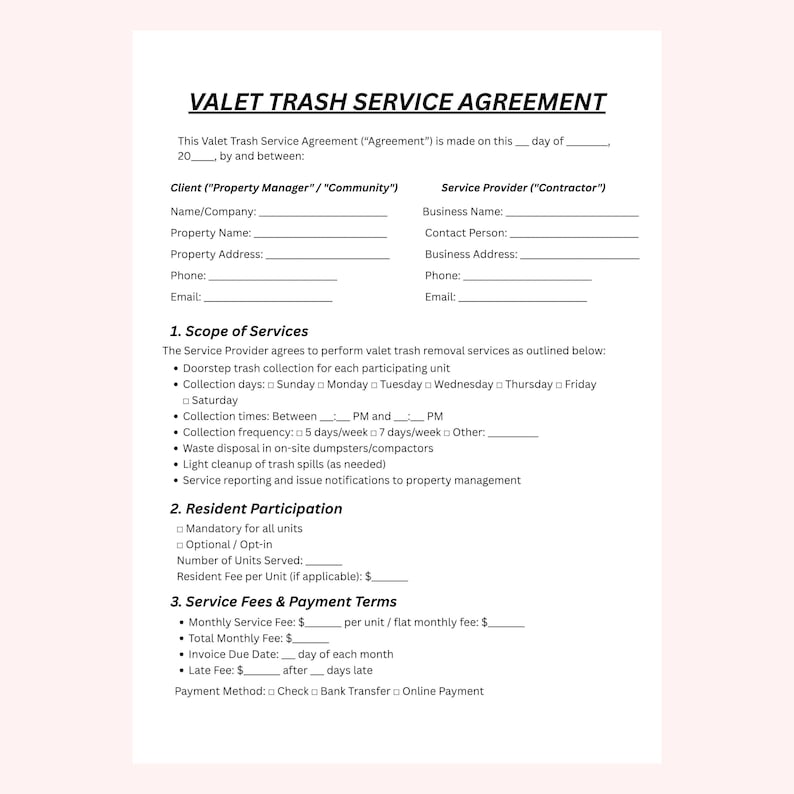 Valet Trash Service Contract Template: Canva Editable (US Letter Size ...