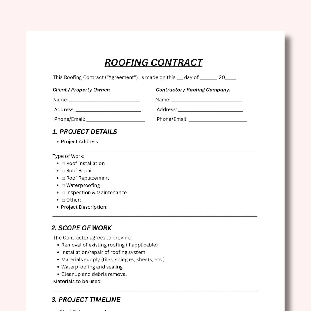 Editable Roofing Contract Template, Roofing Agreement, Contractor Forms ...