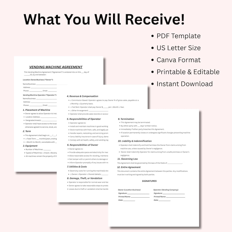 Vending Machine Contract Template, Canva Editable (US Letter) (digital ...