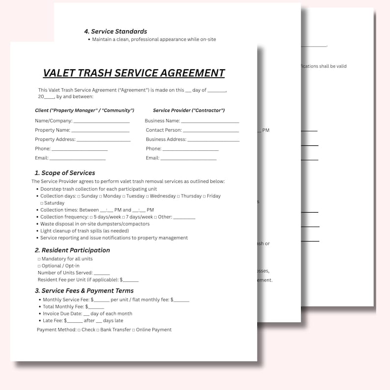 Valet Trash Service Contract Template: Canva Editable (US Letter Size ...