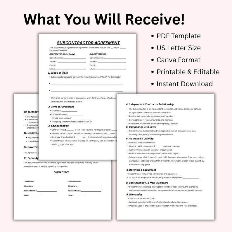Subcontract Template, Subcontractor Forms, Subcontracting Contract, General Contractor ...