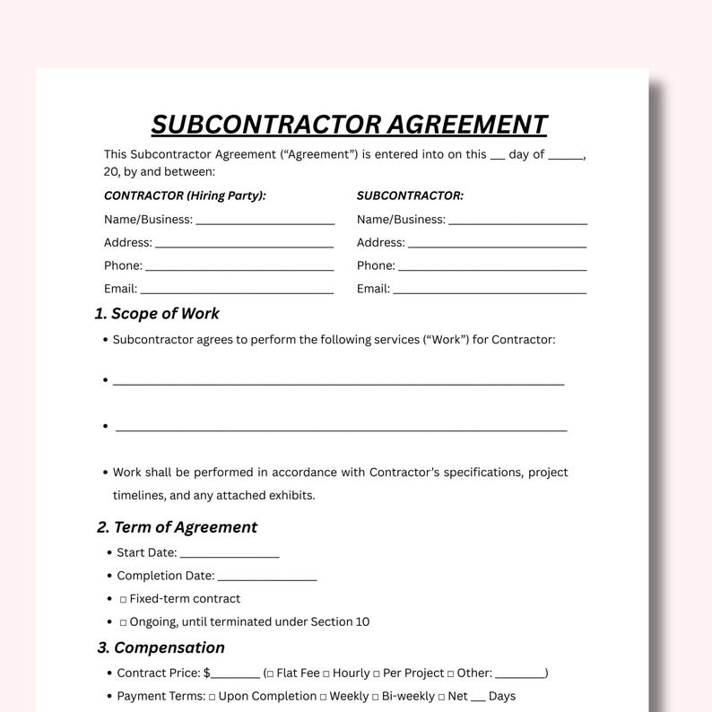 Subcontract Template, Subcontractor Forms, Subcontracting Contract ...