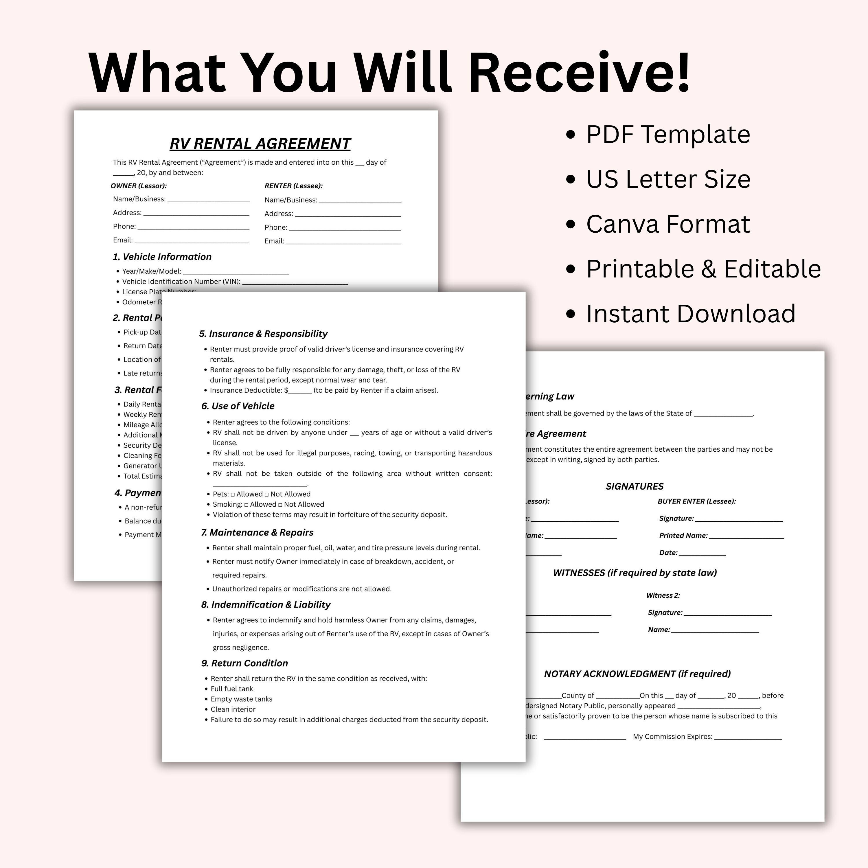 RV Rental Agreement Template: US Letter, Editable Canva Contract ...