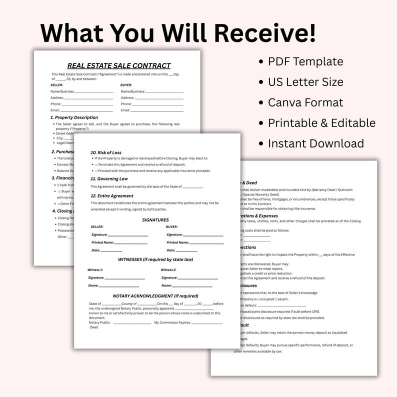 Real Estate Sale Contract Template, US Letter (canva Editable, Digital ...