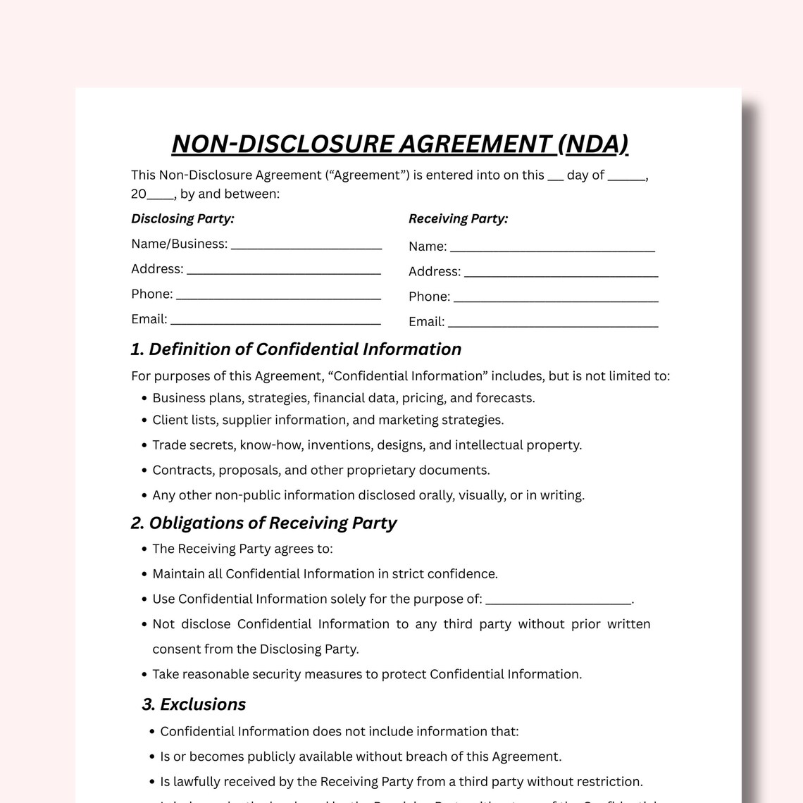 Non-disclosure Agreement NDA Template, Canva Editable (digital Download ...
