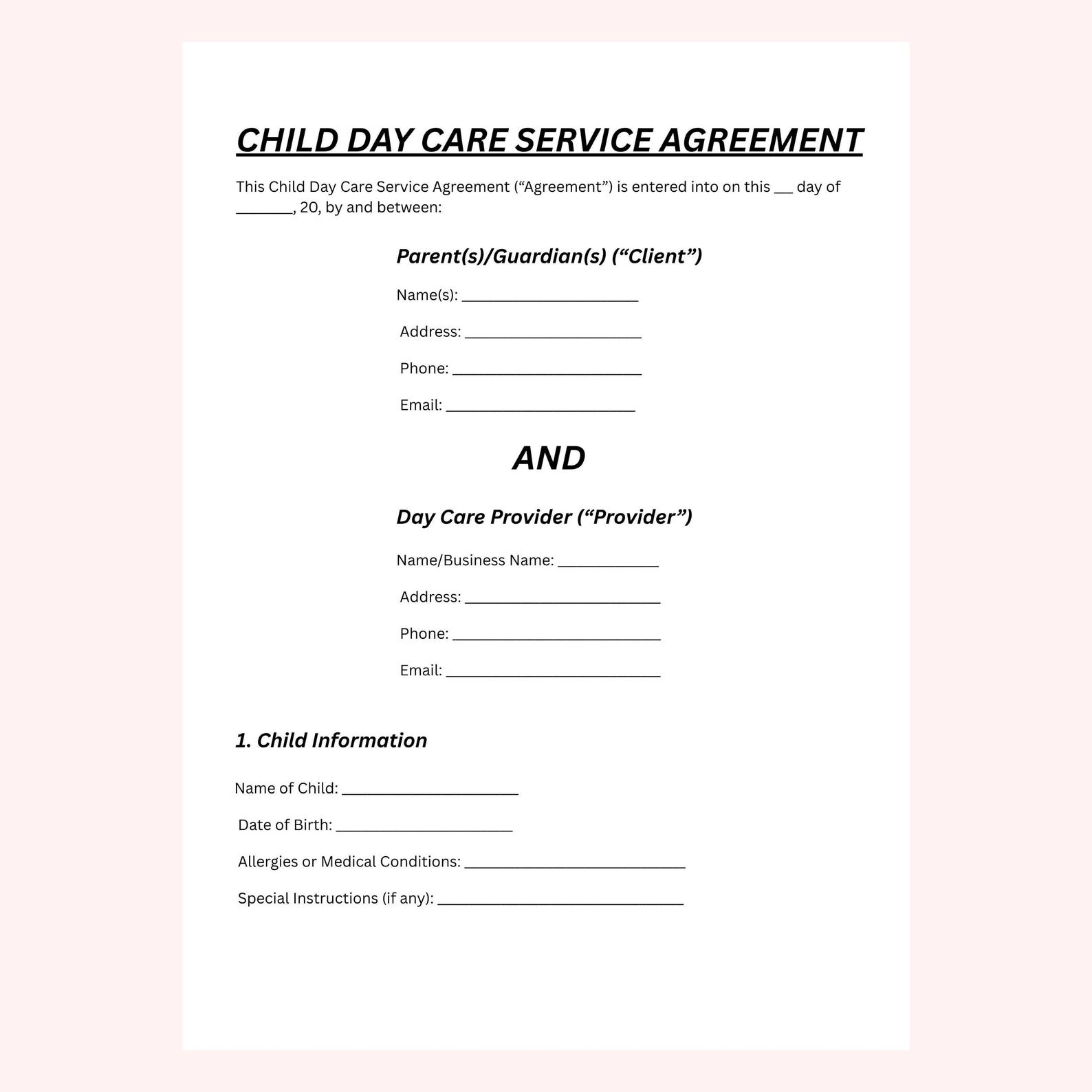 Daycare Contract Template: Editable Child Care Service Agreement (canva ...