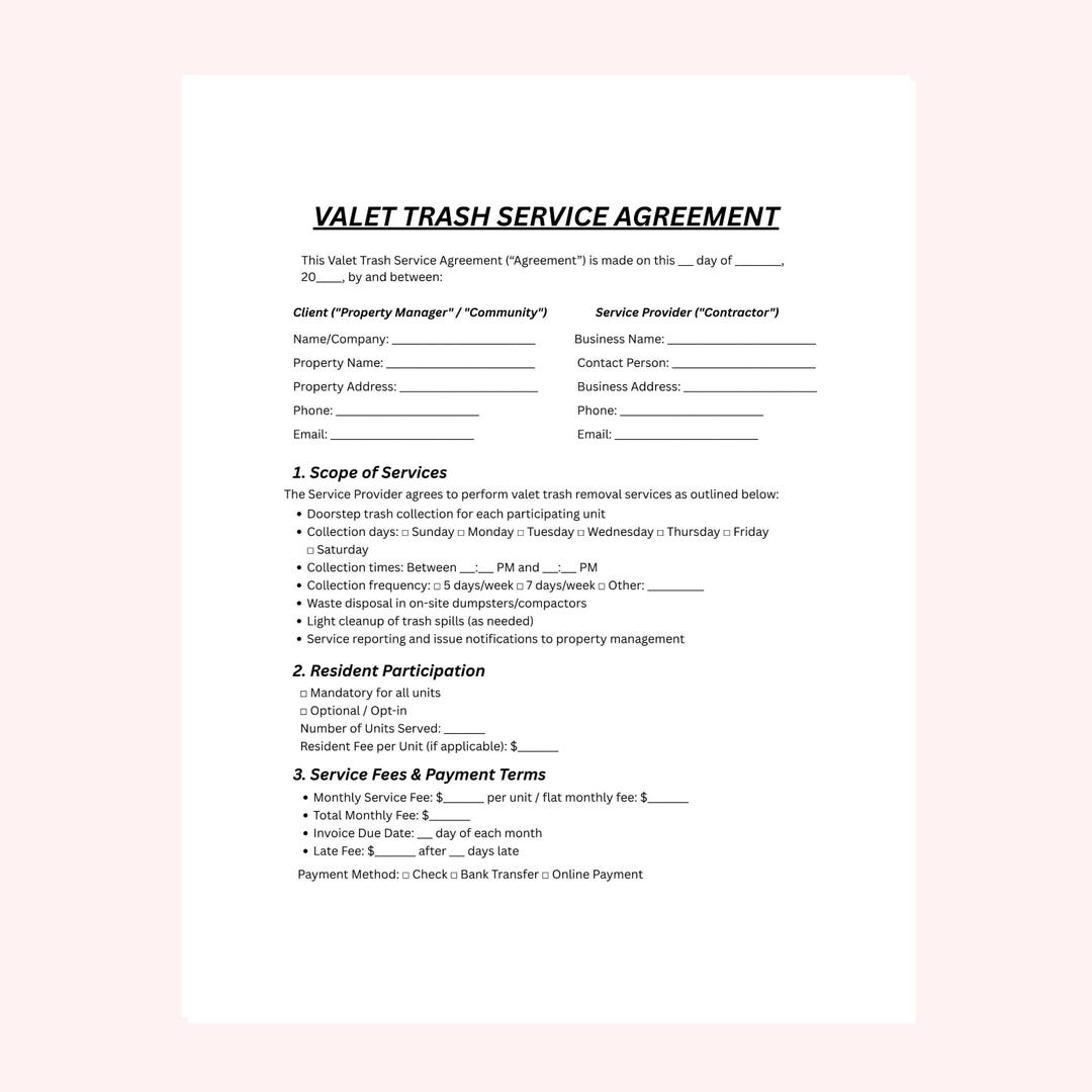 Valet Trash Service Contract Template: Canva Editable (US Letter Size ...