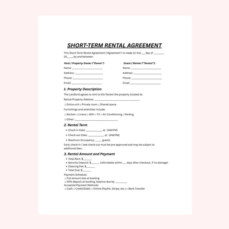 Short Term Rental Agreement Template: Canva Editable, US Letter Size - Etsy