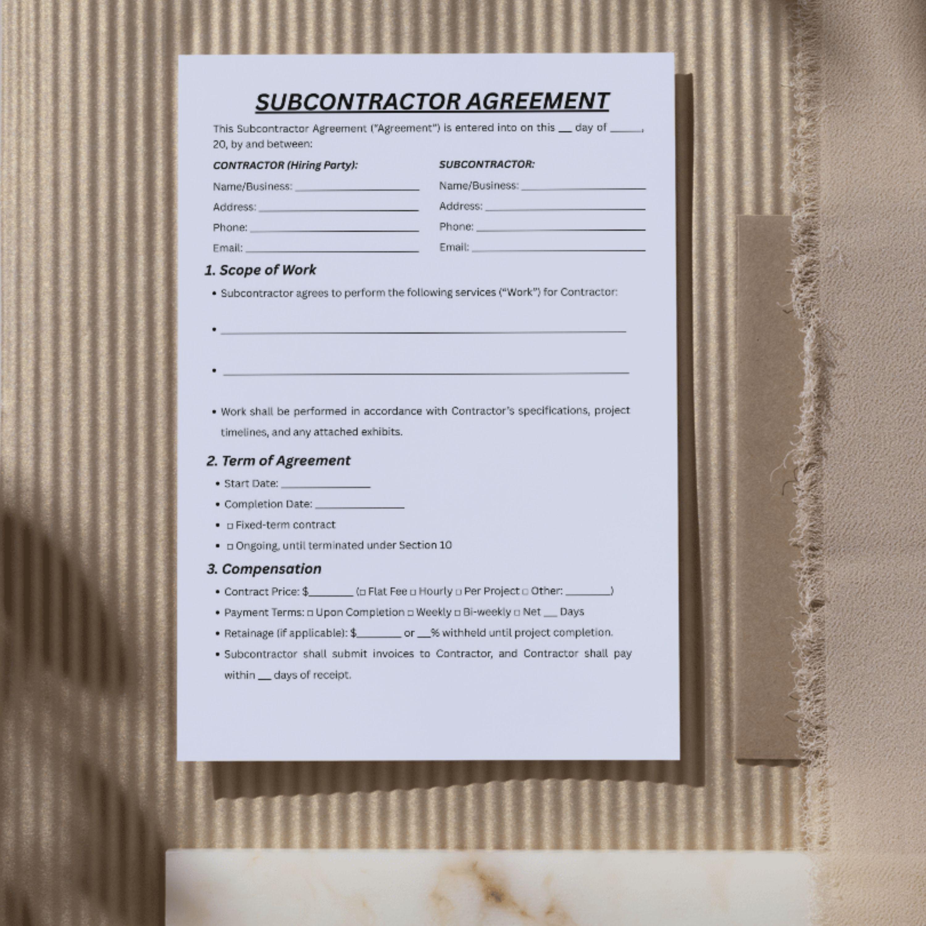 Subcontract Template, Subcontractor Forms, Subcontracting Contract ...