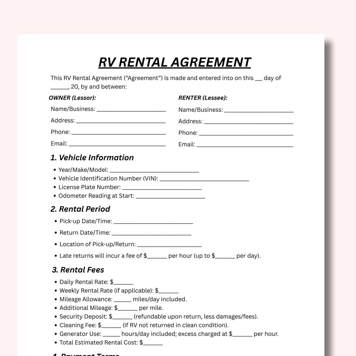 RV Rental Agreement Template: US Letter, Editable Canva Contract ...