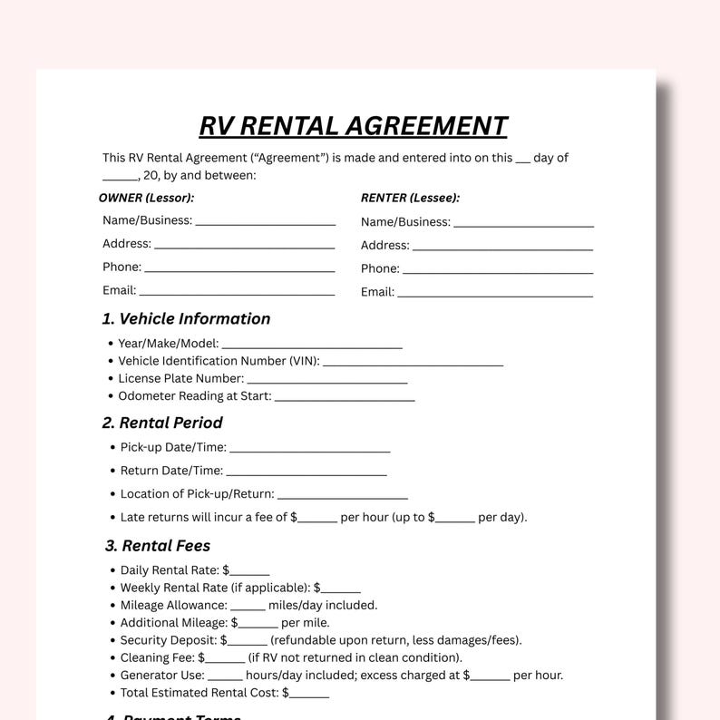 RV Rental Agreement Template: US Letter, Editable Canva Contract ...