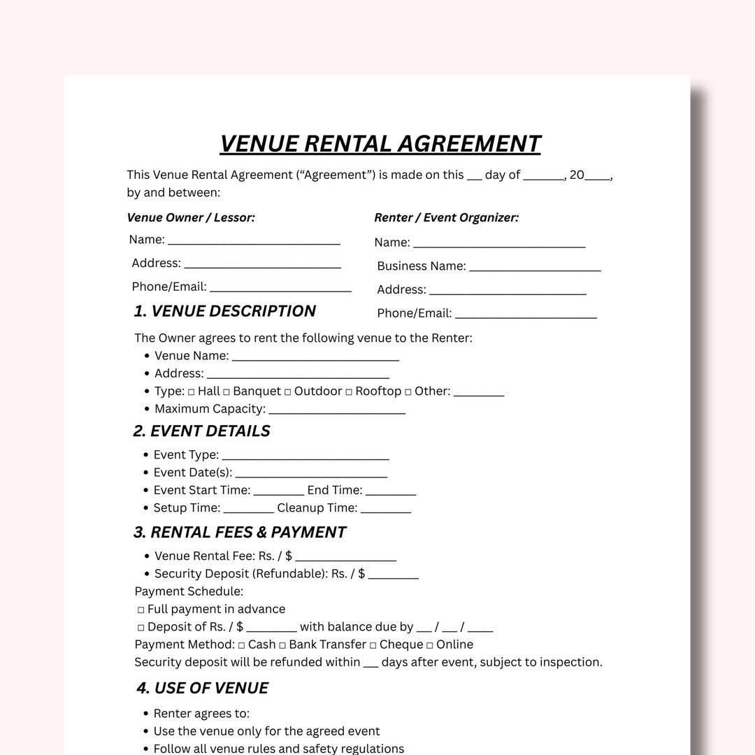 Venue Rental Agreement Template US Letter Size Canva Editable, Venue ...