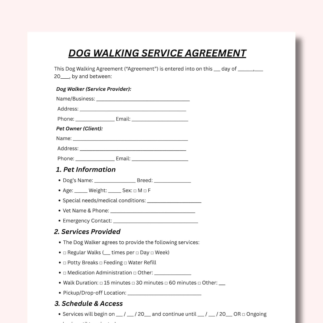 Dog Walking Contract Template, Dog Walking Business, Dog Walking Form ...