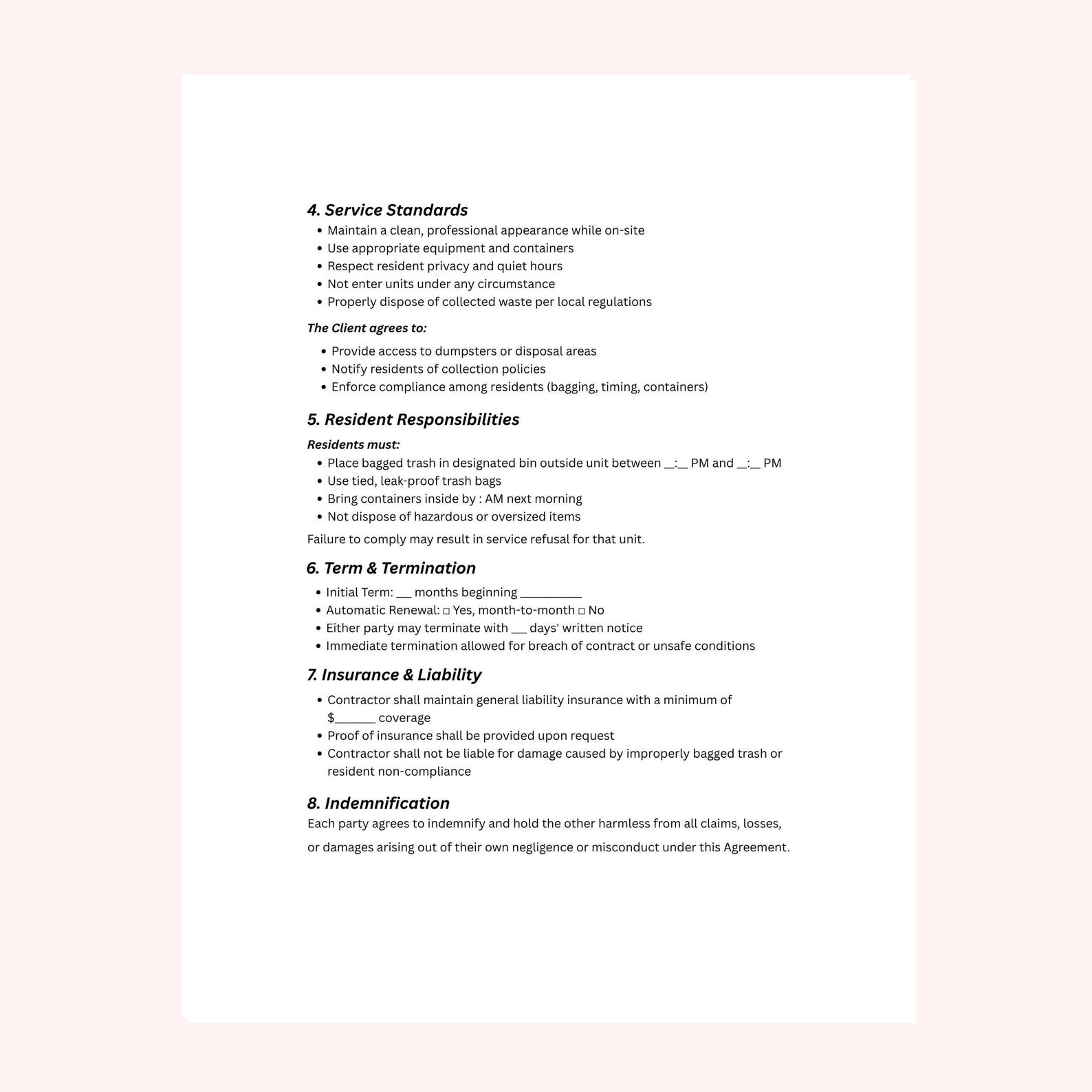 Valet Trash Service Contract Template: Canva Editable (US Letter Size ...