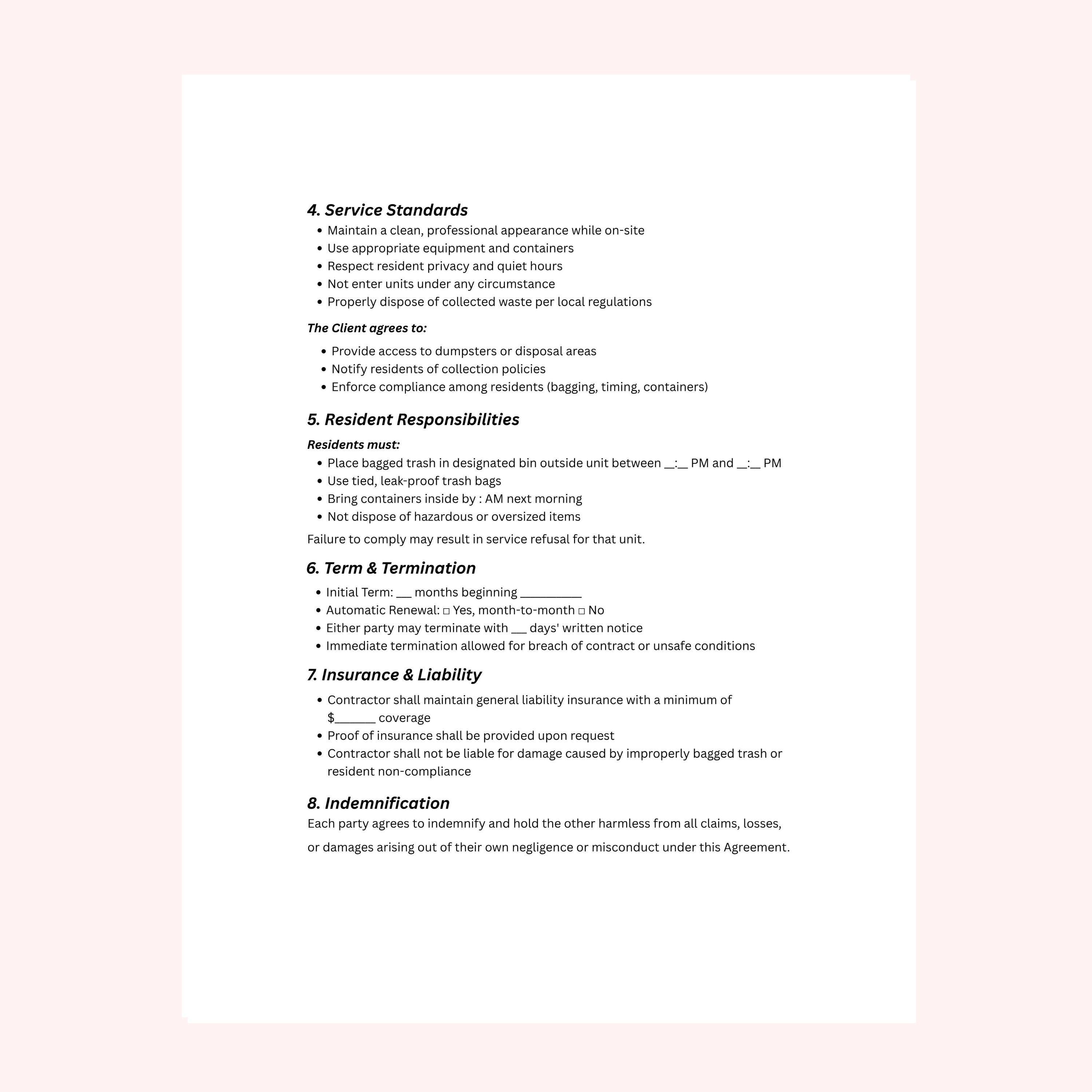 Valet Trash Service Contract Template: Canva Editable (US Letter Size ...