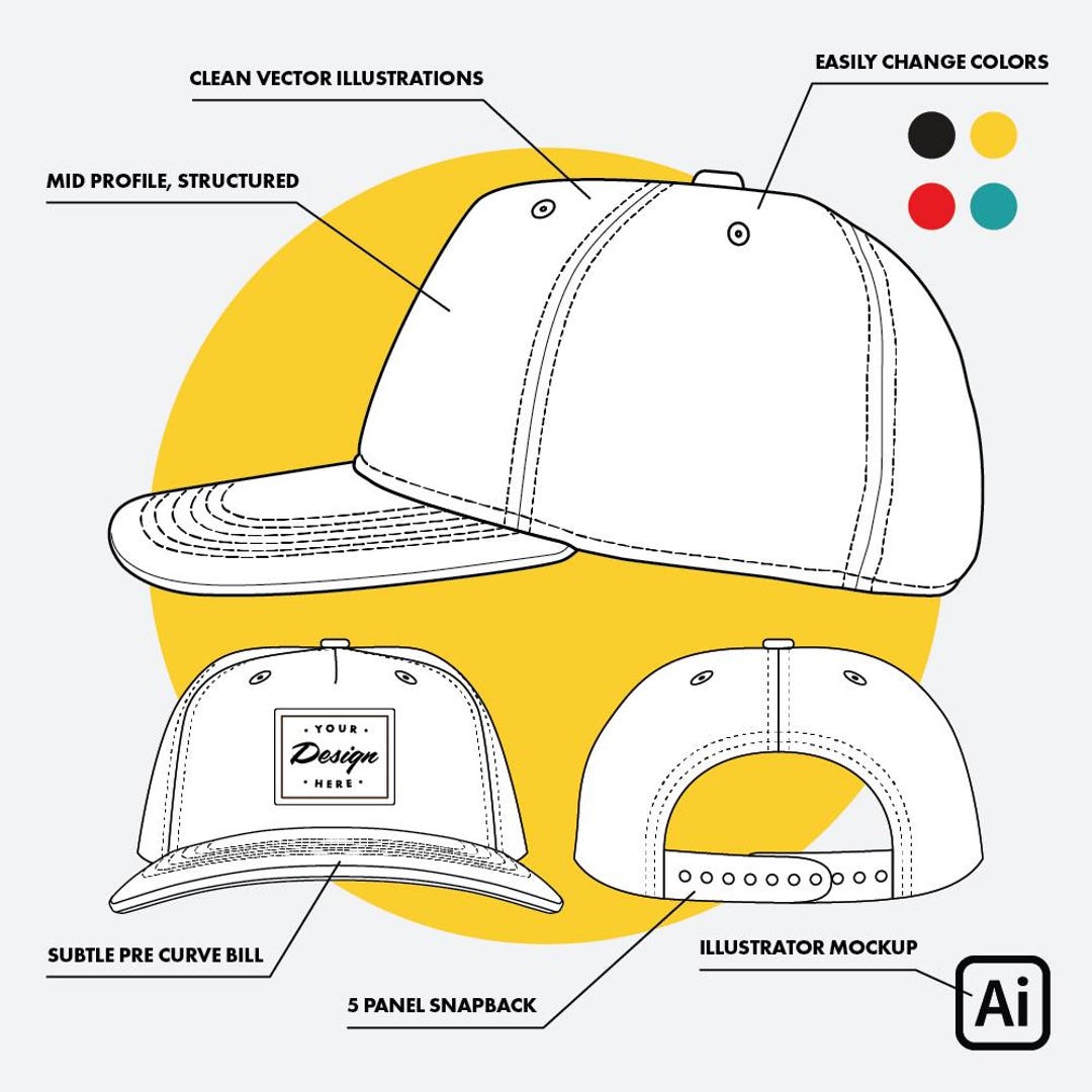 Custom Hat Template - 5 Panel Snapback - Tech Sheet, Digital Download, Vector Mock Up, Adobe ...