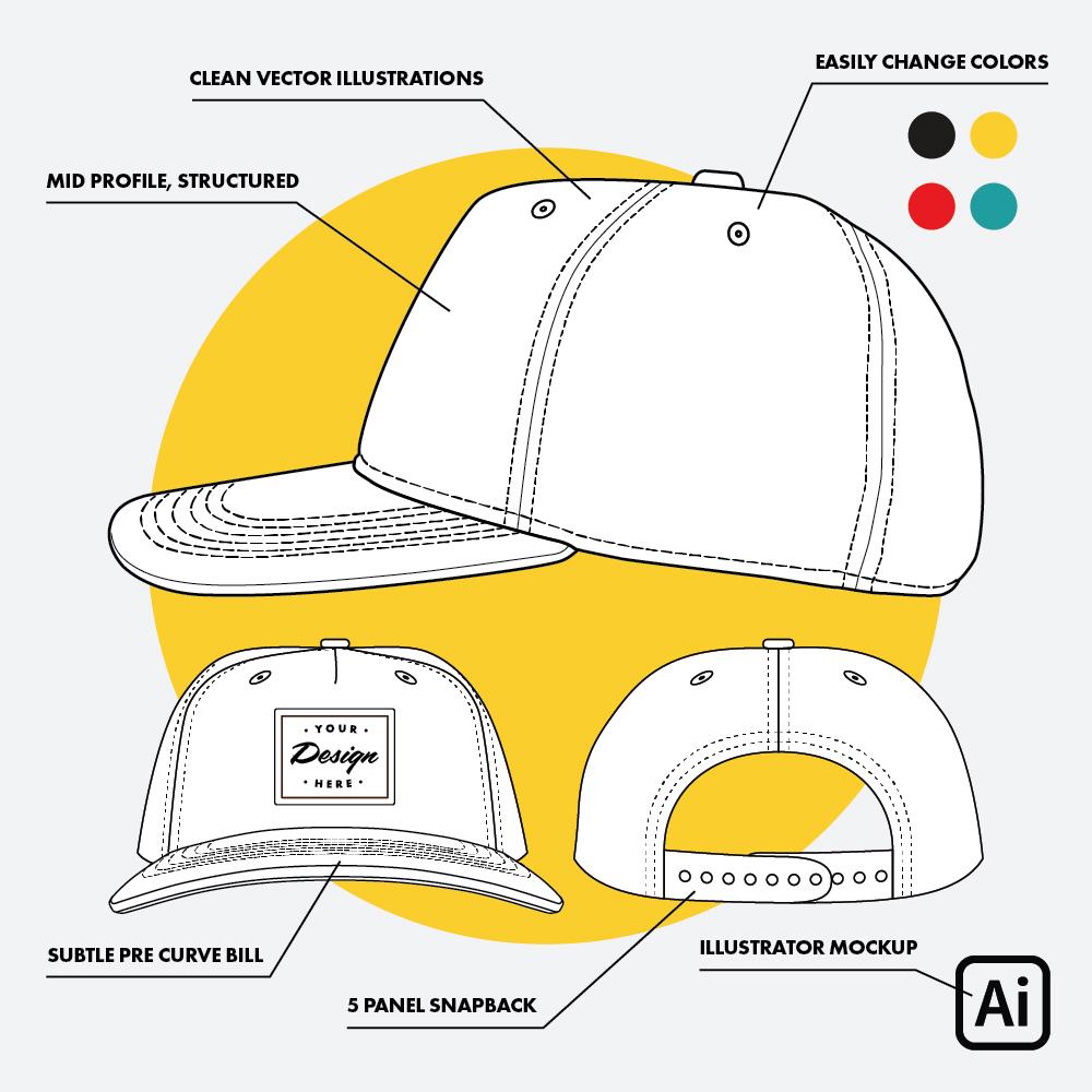 Custom Hat Template - 5 Panel Snapback - Tech Sheet, Digital Download, Vector Mock Up, Adobe ...