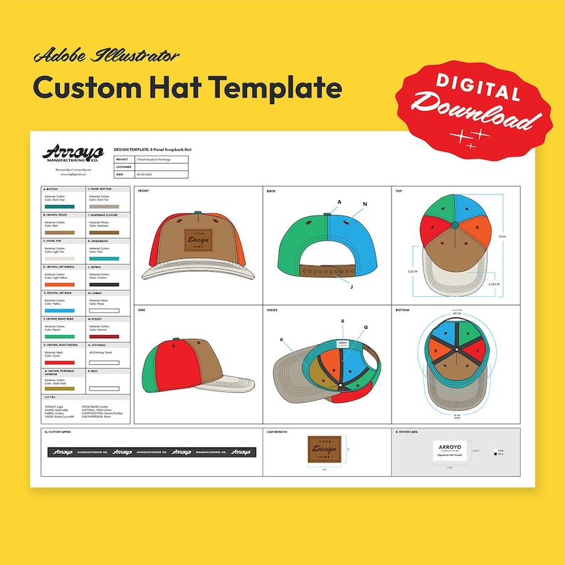 Custom Hat Template - 5 Panel Snapback - Tech Sheet, Digital Download, Vector Mock Up, Adobe ...