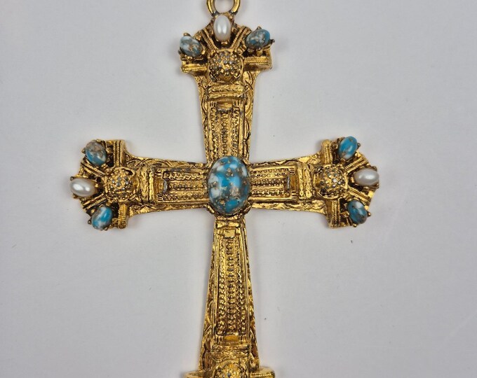 Byzantine Style Cross Pendant Gold Tone Ornate Turquoise Pearl 4x3" - Etsy