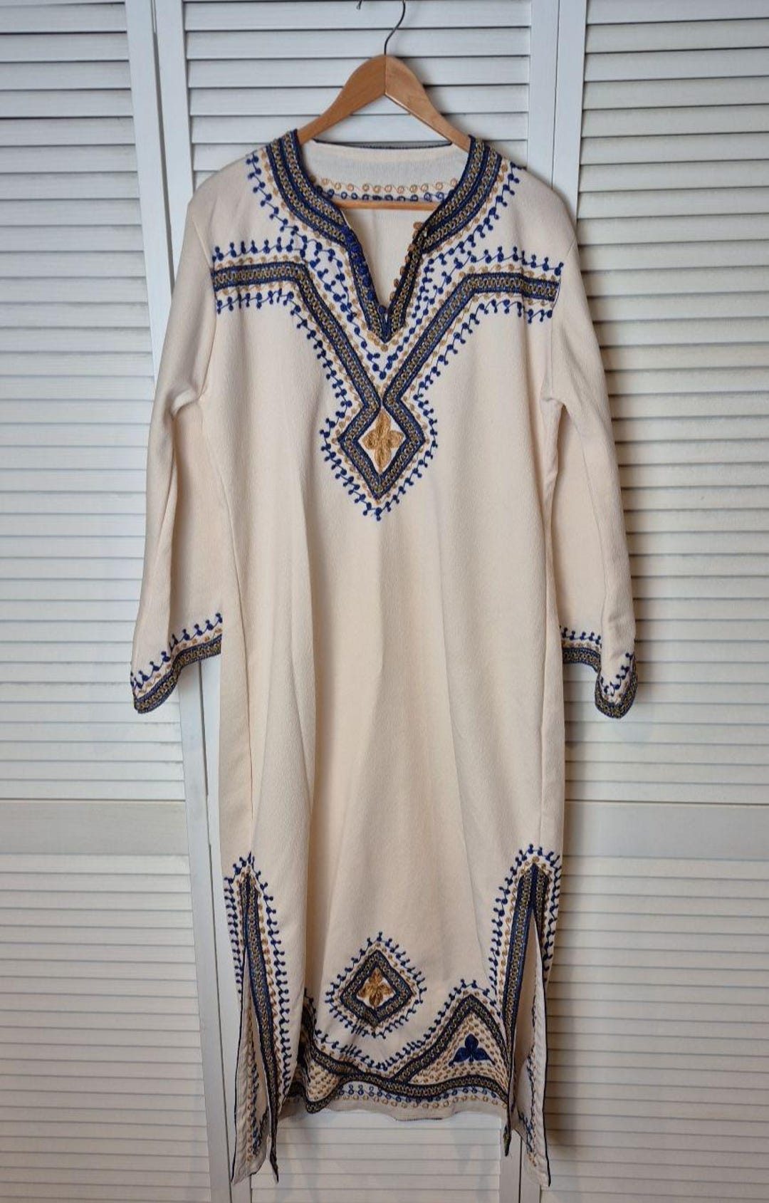 VTG Boho Muumuu Dress Kaftan Maxi Dress Beige Blue Rust Embroidered Mrs ...