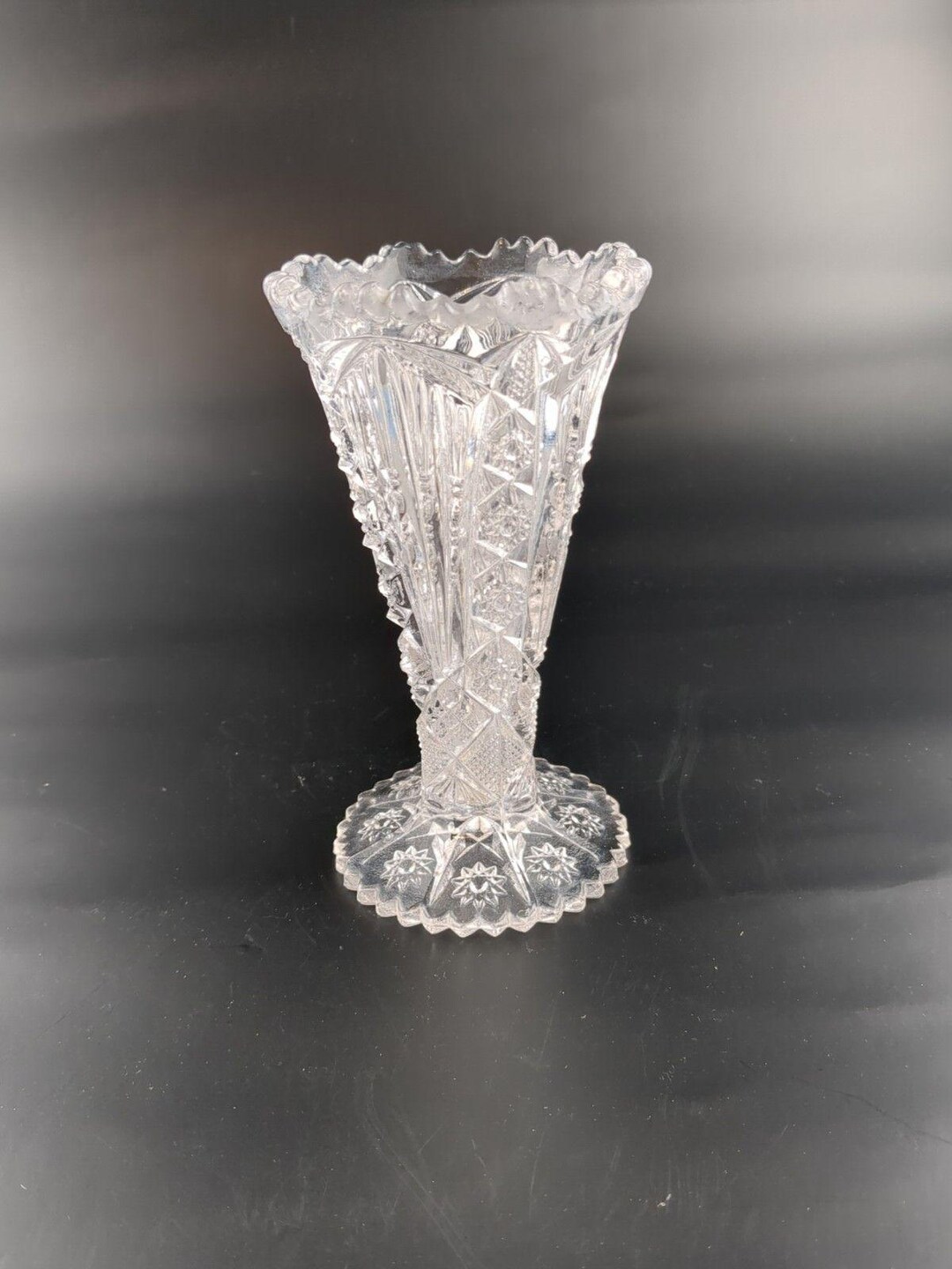 Vintage Brilliant Cut Glass Flower Trumpet Vase Short 6" Crystal ...