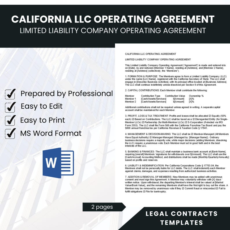 California LLC Operating Agreement Editable & Legal Contract Template ...