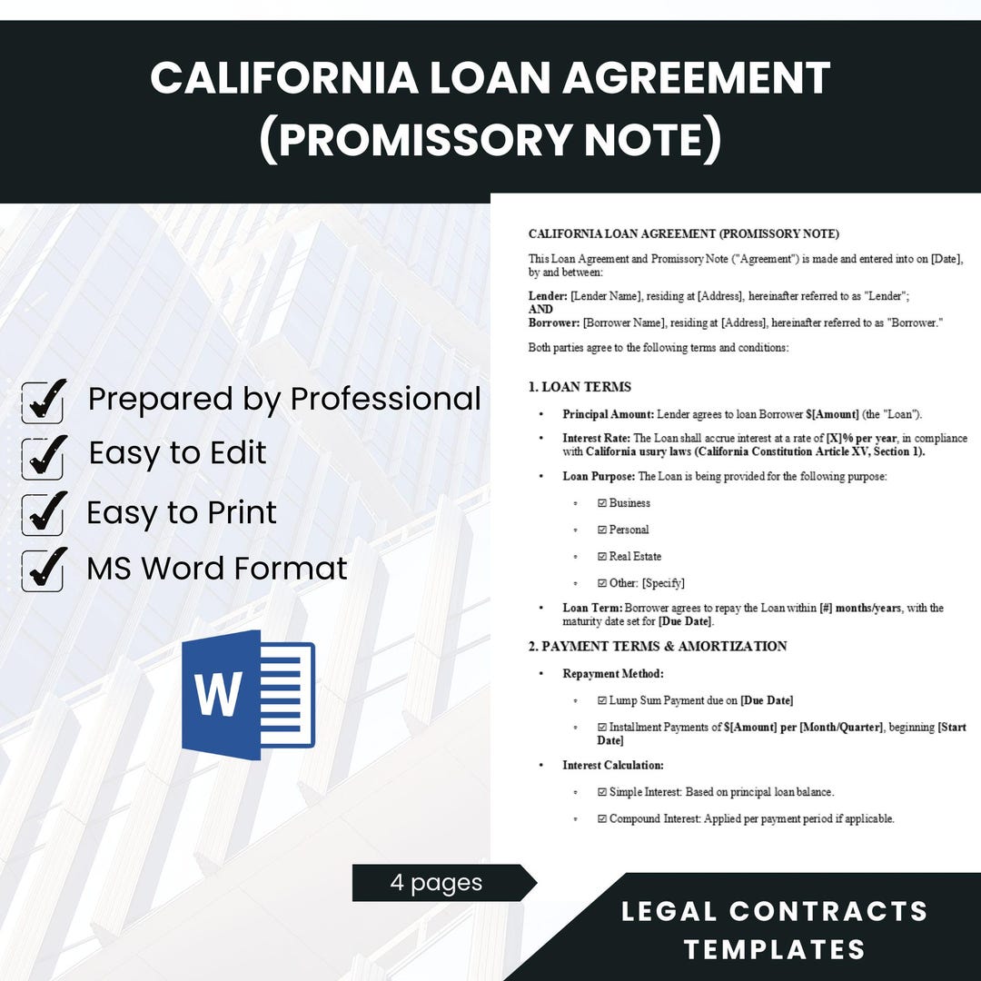 California Loan Agreement, Promissory Note for Business, Editable Loan ...
