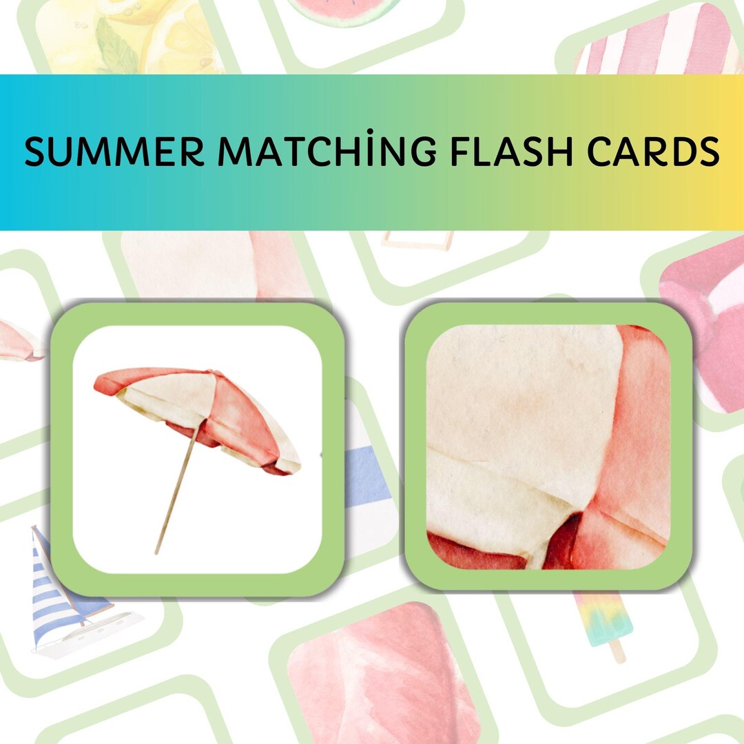 Summer Matching Flash Cards, Toddler Flashcards, Printable Matching ...