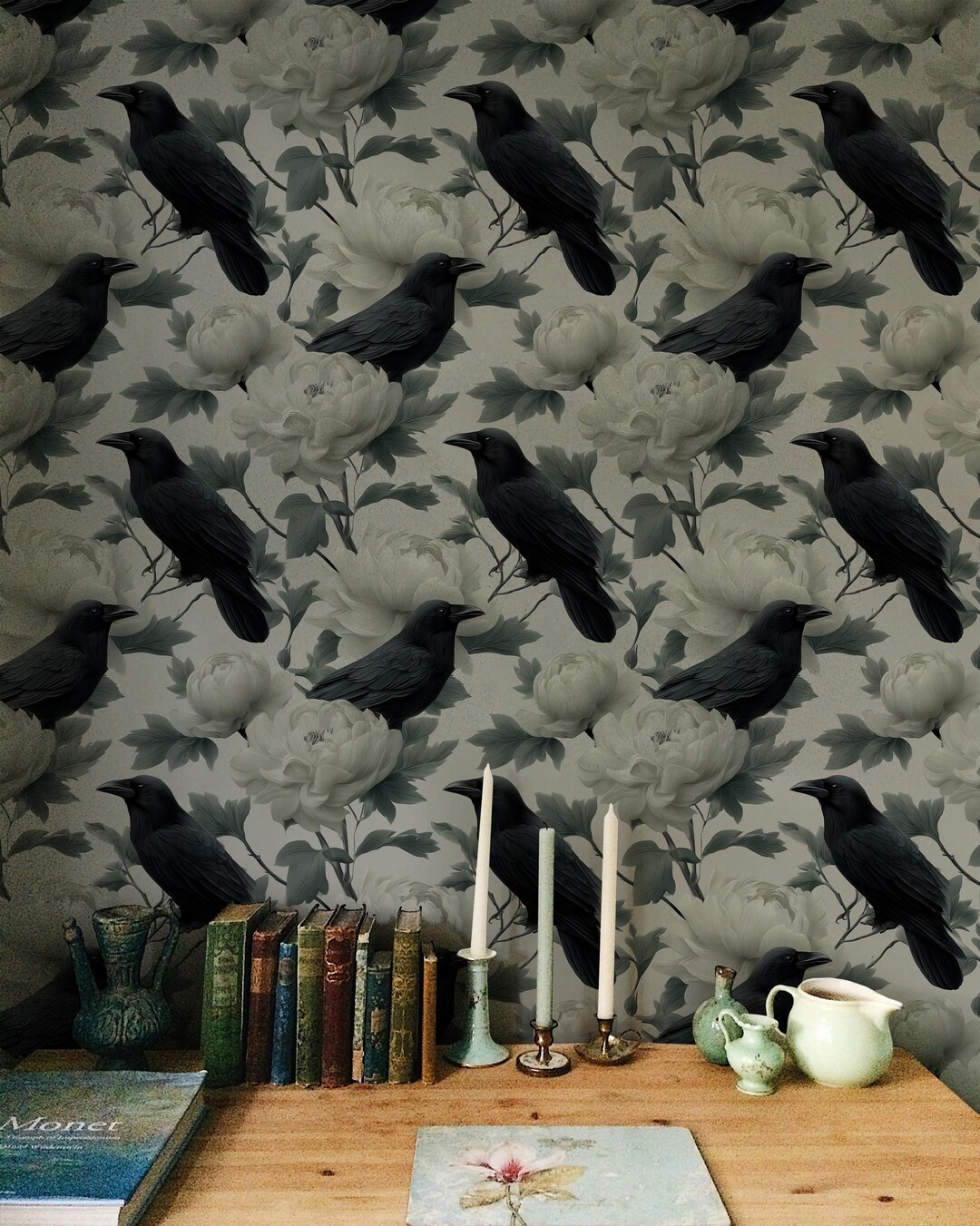 Gothic Raven and Peony Wallpaper Mural: Cottage Noir Decor - Etsy