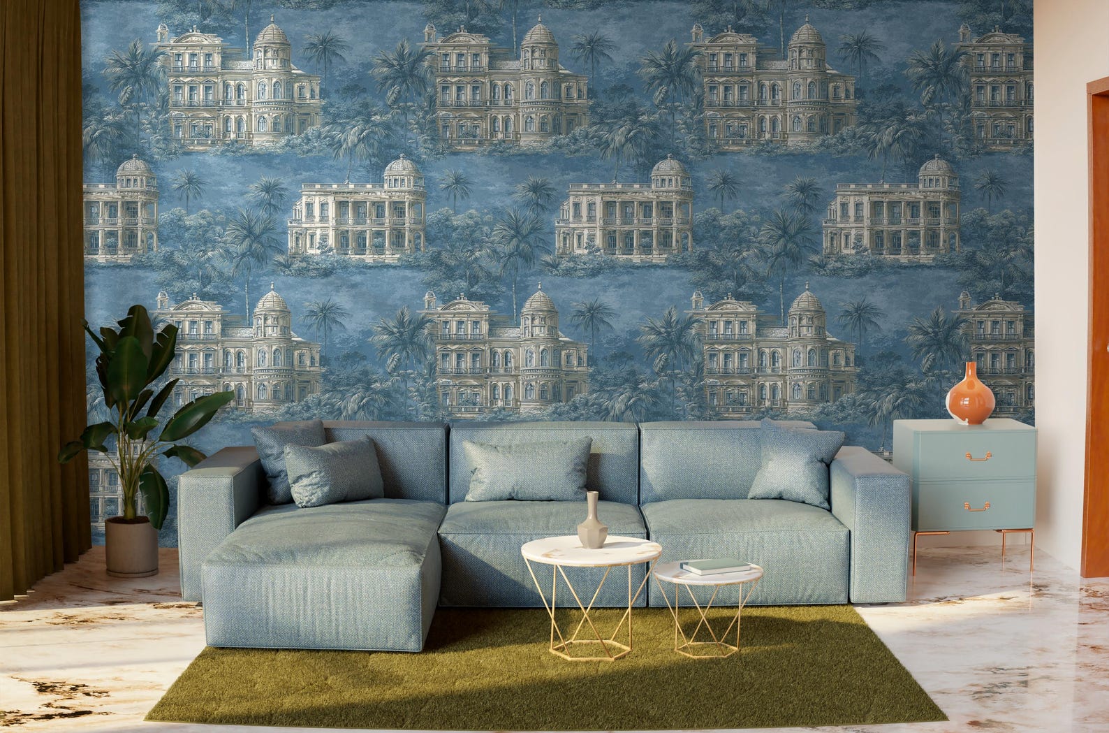 Blue Toile Architecture Wallpaper, Victorian Wallmural in Blue ...