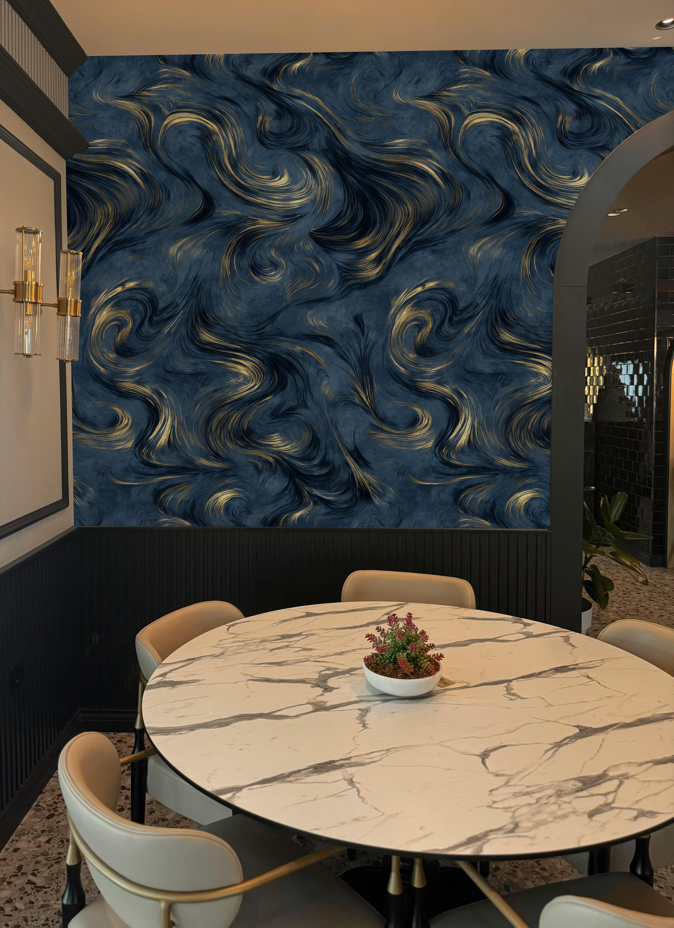 Navy and Gold Abstract Wallpaper: Glam Swirl Peel and Stick Mural - Etsy
