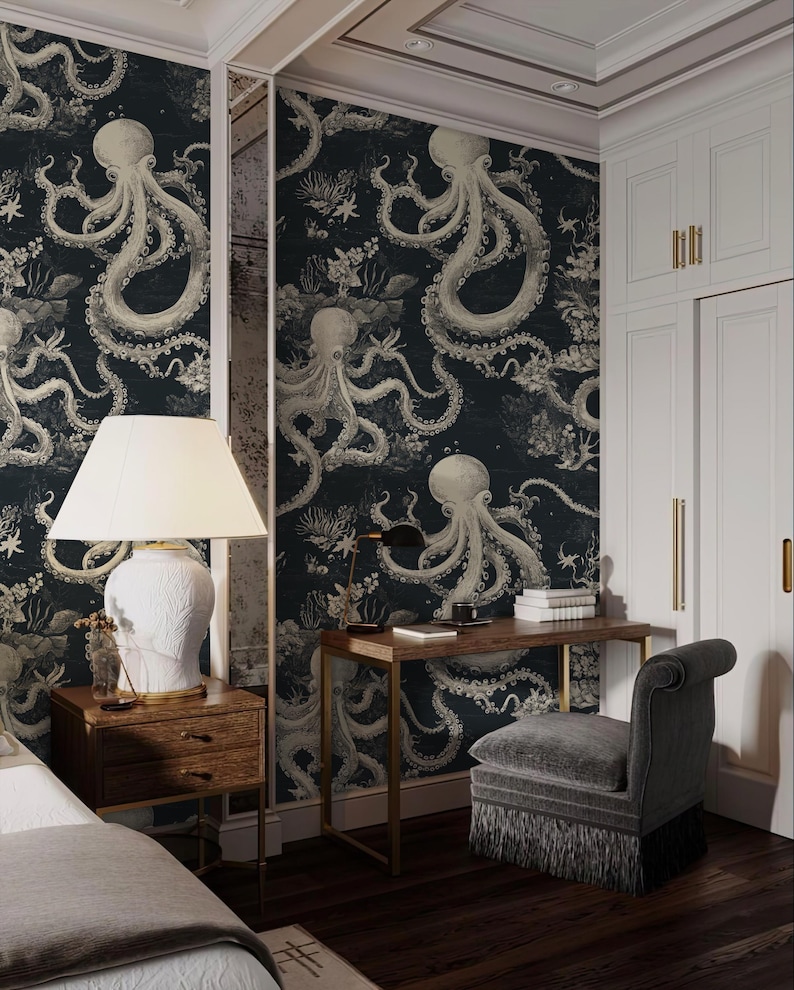 Vintage Octopus Wallpaper: Nautical Peel and Stick Wall Mural - Etsy