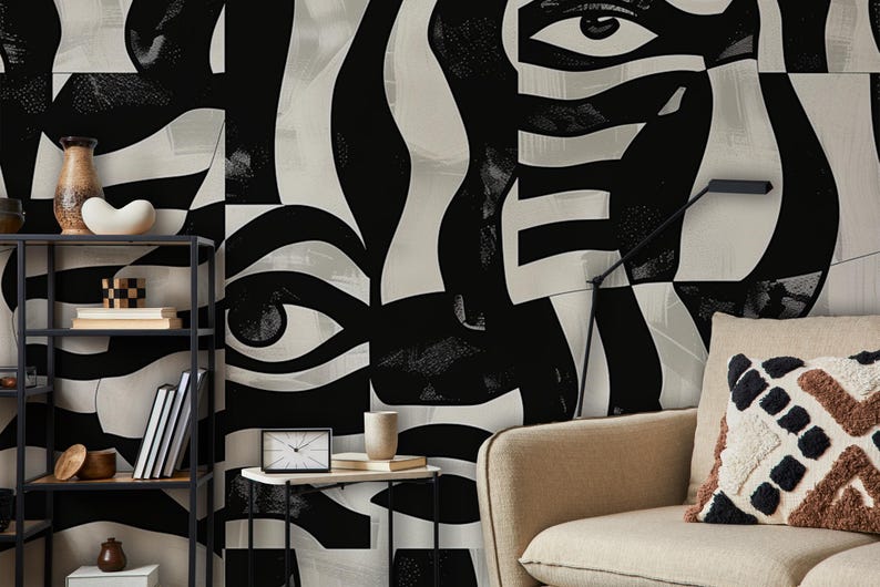 Abstract Faces Wallpaper: Modern Art Deco Peel and Stick Mural - Etsy