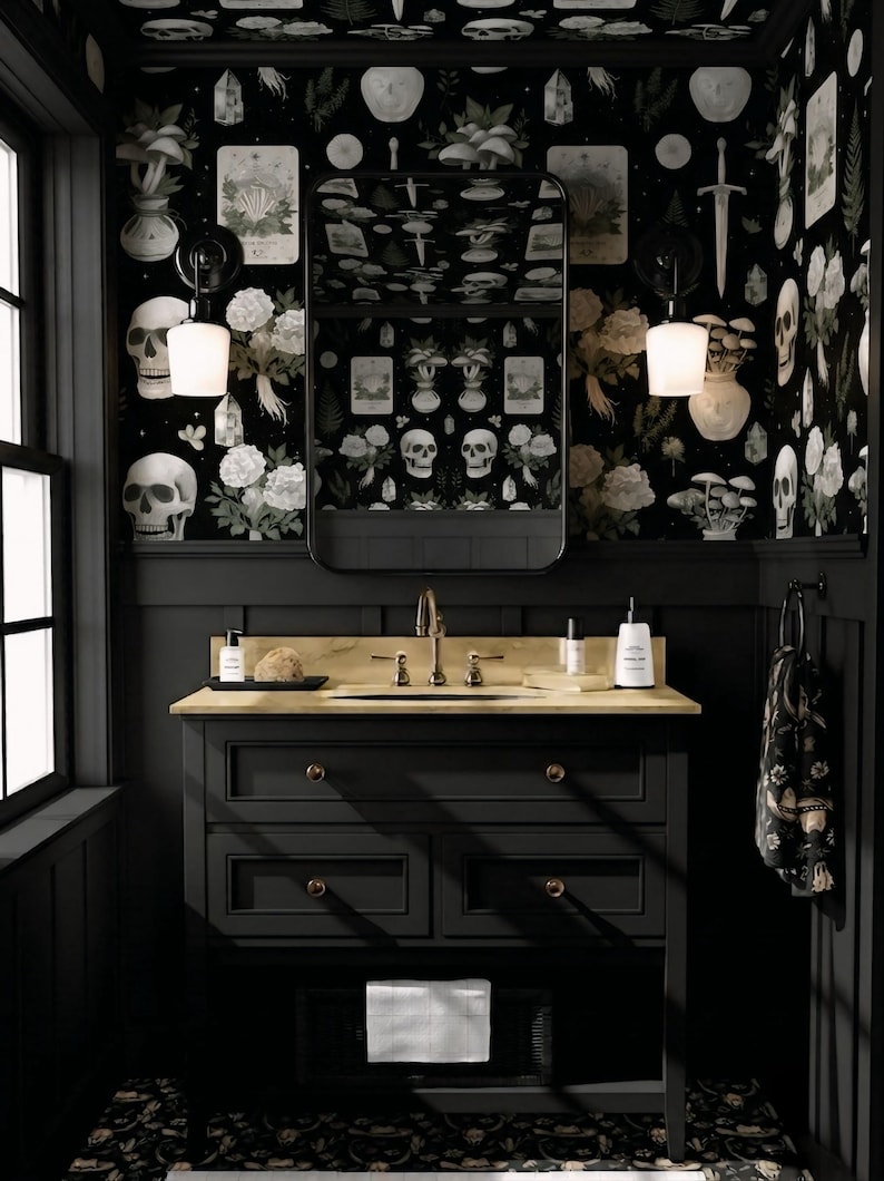 Dark Academia Wallpaper, Gothic Botanical Wall Mural, Skull and ...
