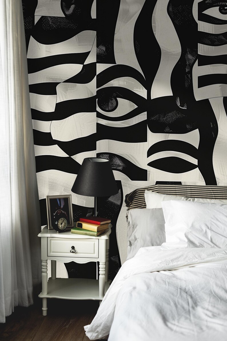Abstract Faces Wallpaper: Modern Art Deco Peel and Stick Mural - Etsy